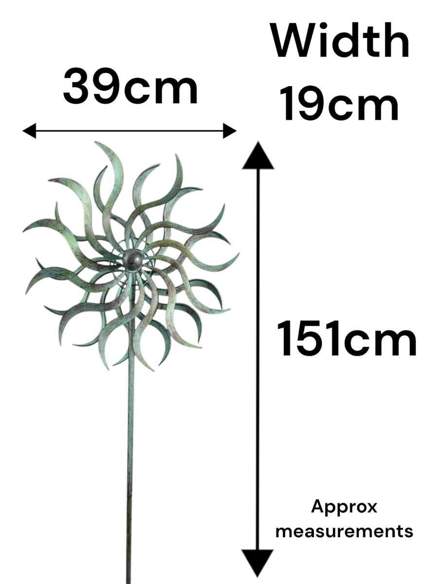 Verdigris Twin Wheel Metal Wind Garden Spinner Stake Windmill Decorati ...