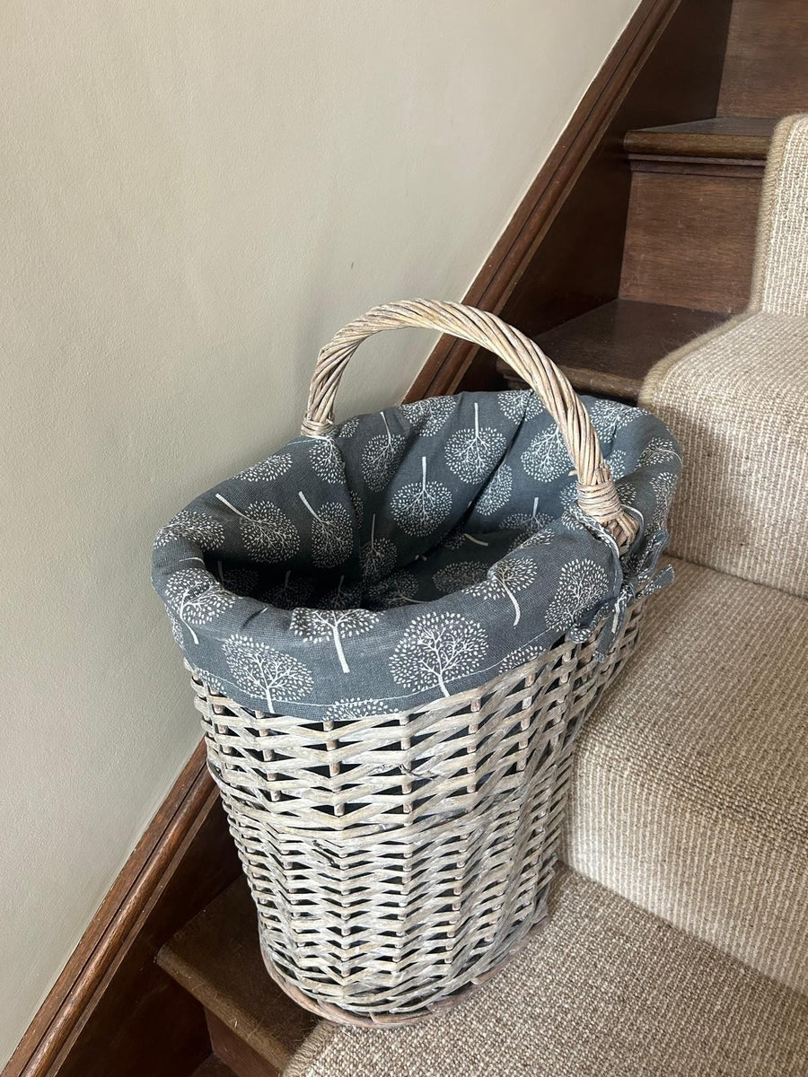 Grey-wash Wicker Stair Basket with Mulberry Tree Liner Tidy Storage St ...