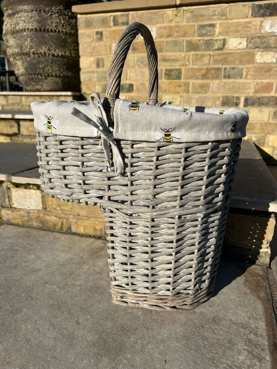 Grey-wash Wicker Stair Basket – Storage with Bumblebee Liner – Garden Stall
