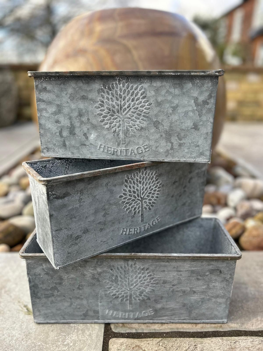 Set Of 3 Zinc Rectangular Garden Planters Plant Pot Embossed Heritage ...
