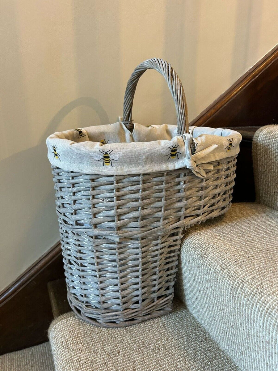 Grey-wash Wicker Stair Basket – Storage with Bumblebee Liner – Garden Stall