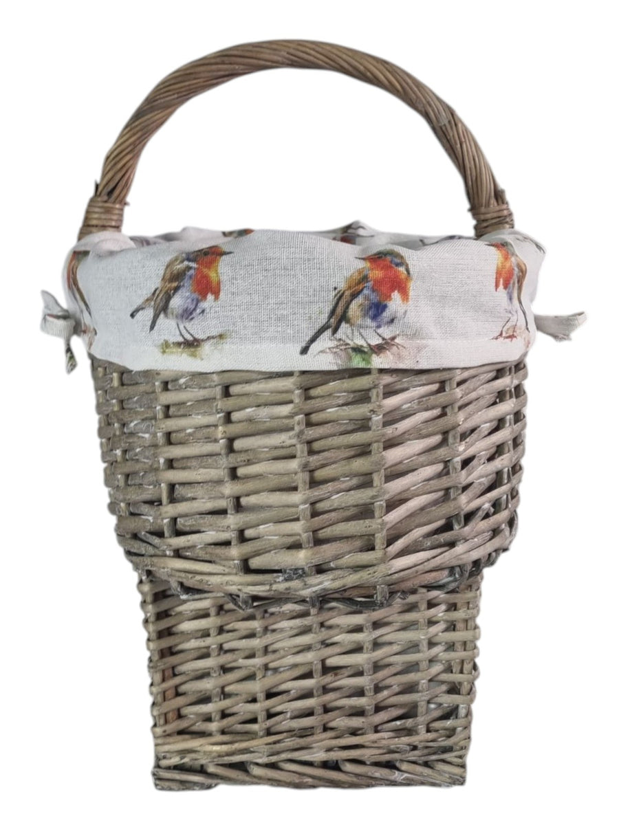 Grey-wash Wicker Stair Basket with Robin Bird Liner Home Stairs Storag ...