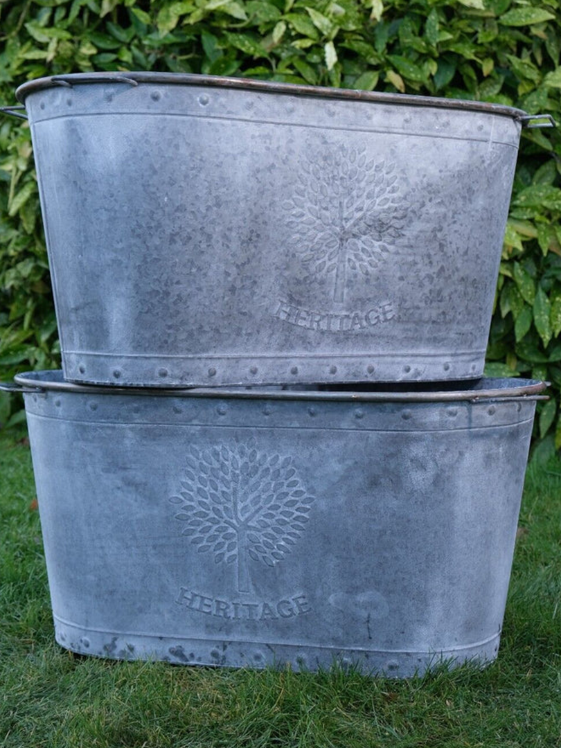 Set of 2 Large Zinc Trough Planters – 69cm Rustic Garden Containers ...